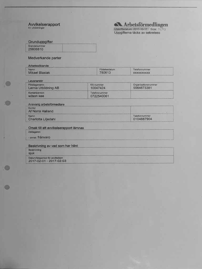 Avvikelserapport ”Frånvaro Sjuk”