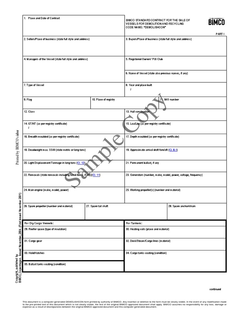Sample Copy: Bimco Standard Contract For The Sale of Vessels For ...