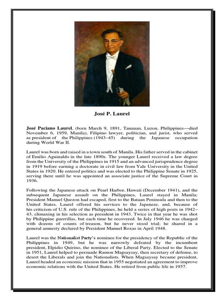 José P. Laurel: José Paciano Laurel, (Born March 9, 1891, Tanauan ...