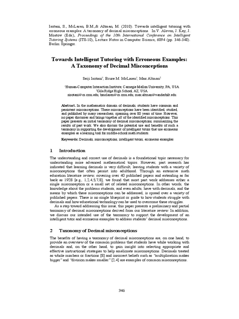 Towards Intelligent Tutoring With Erroneous Examples: A Taxonomy of Decimal Misconceptions | PDF ...