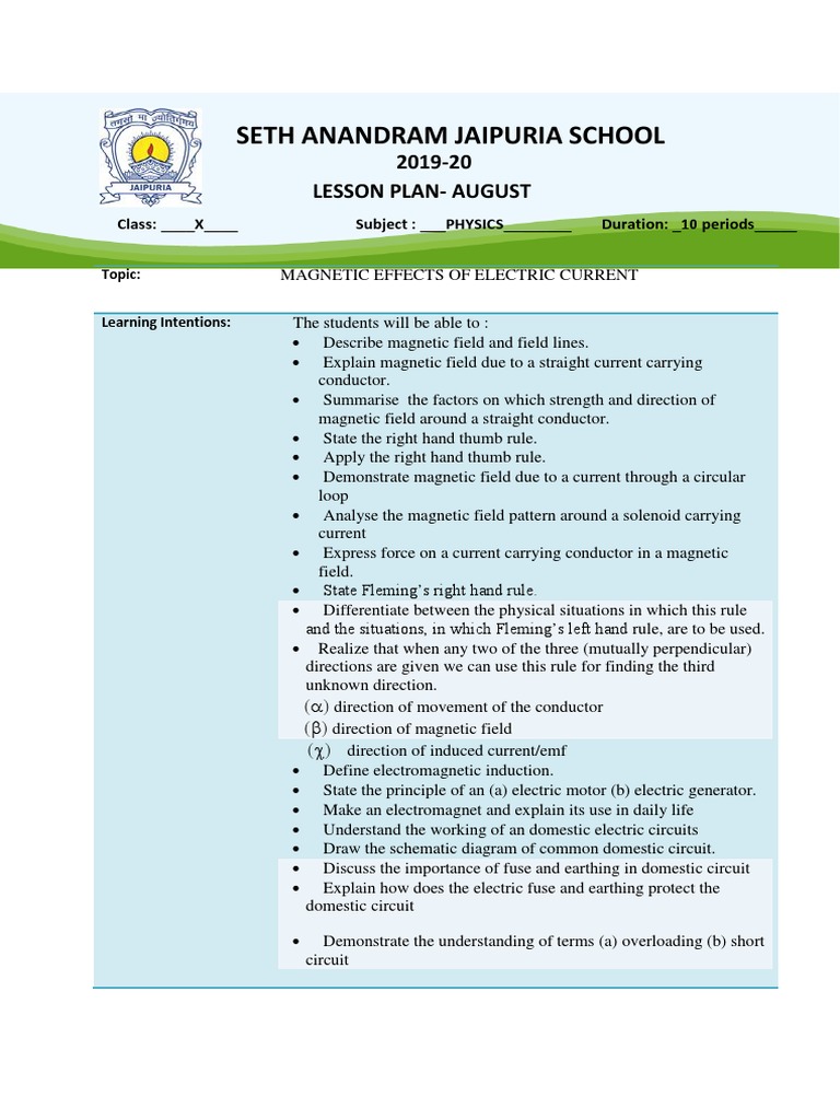Lesson Plan of Magnetic Effects of Electric Current | PDF | Magnetic ...