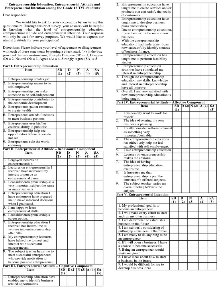 Entrepreneurship Intentions in Grade 12 Students | PDF ...