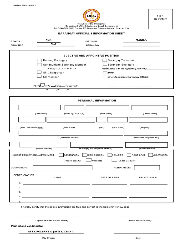 Revised BOIS Form 001 2017 | PDF | Philippines