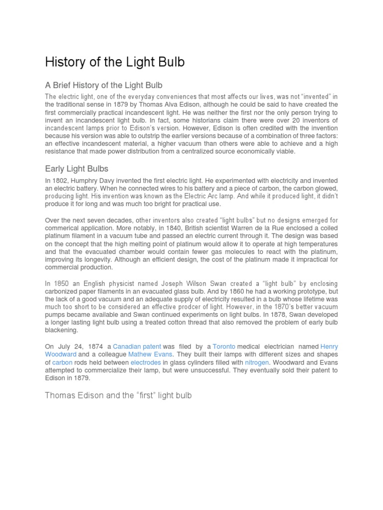 History of The Light Bulb | PDF | Incandescent Light Bulb | Glass ...