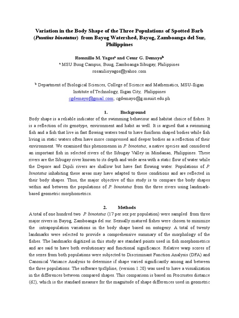 Variation in The Body Shape of The Three Populations of Spotted Barb ...