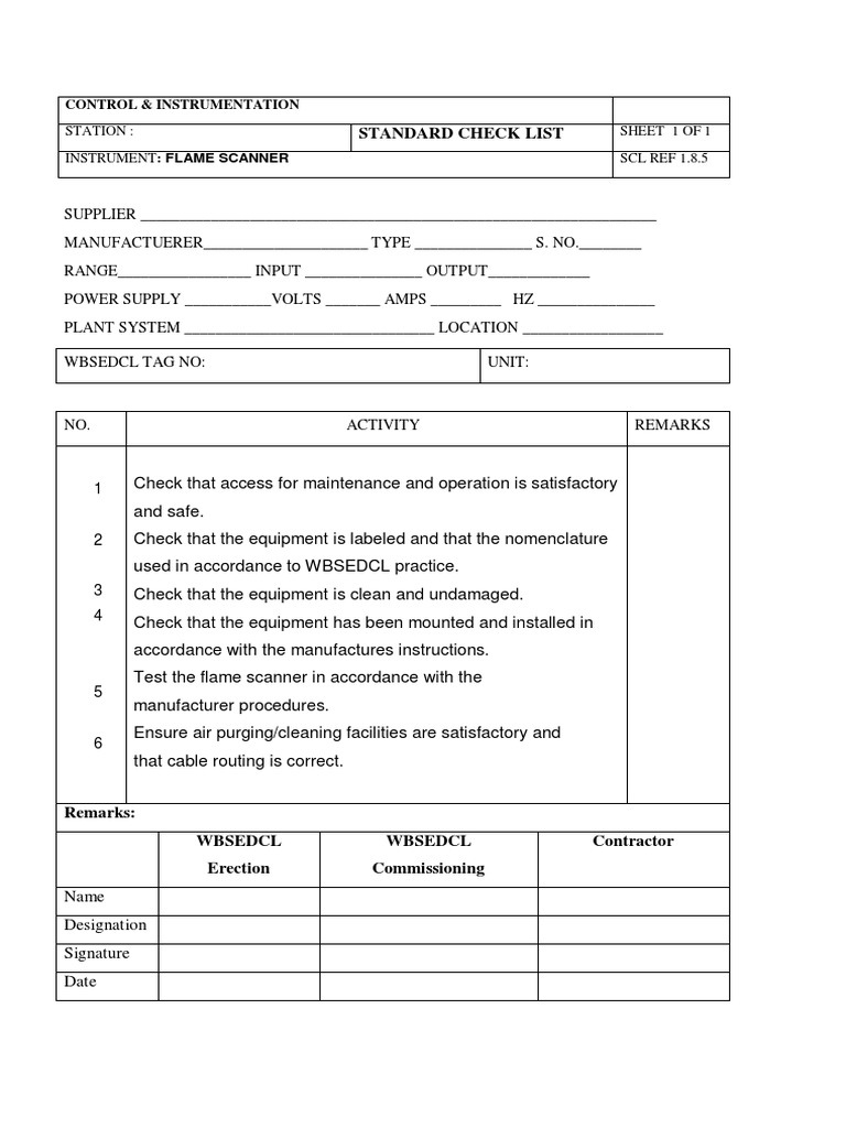Standard Check List: Station: Sheet 1 of 1 Instrument: Flame Scanner ...