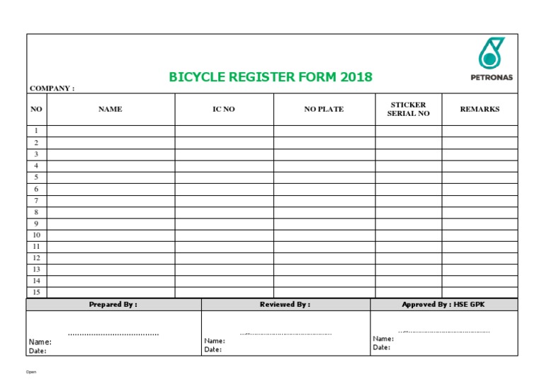 Bicycle Register Form 2018: Company: Sticker Serial No Remarks | PDF