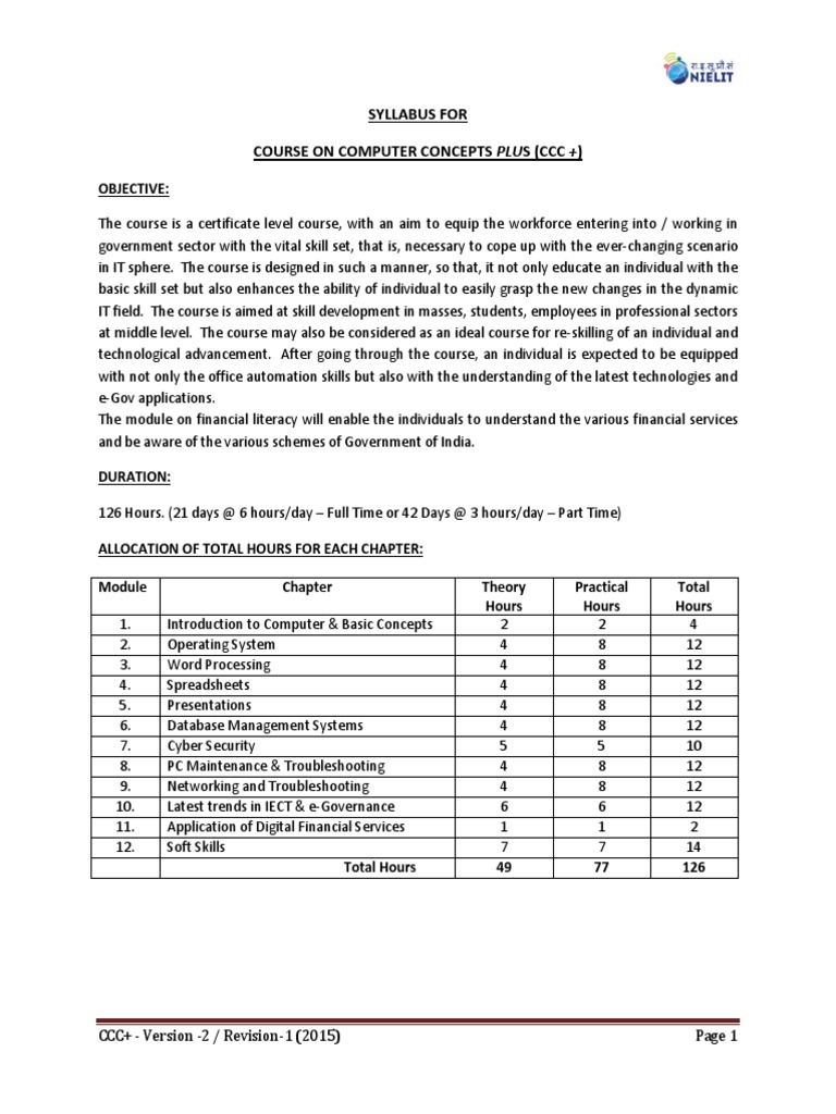 Syllabus For Course On Computer Concepts Plus Ccc Objective Pdf Spreadsheet Computer