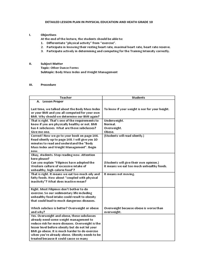 BMI and Weight Management Lesson Plan | PDF | Weight Management | Obesity