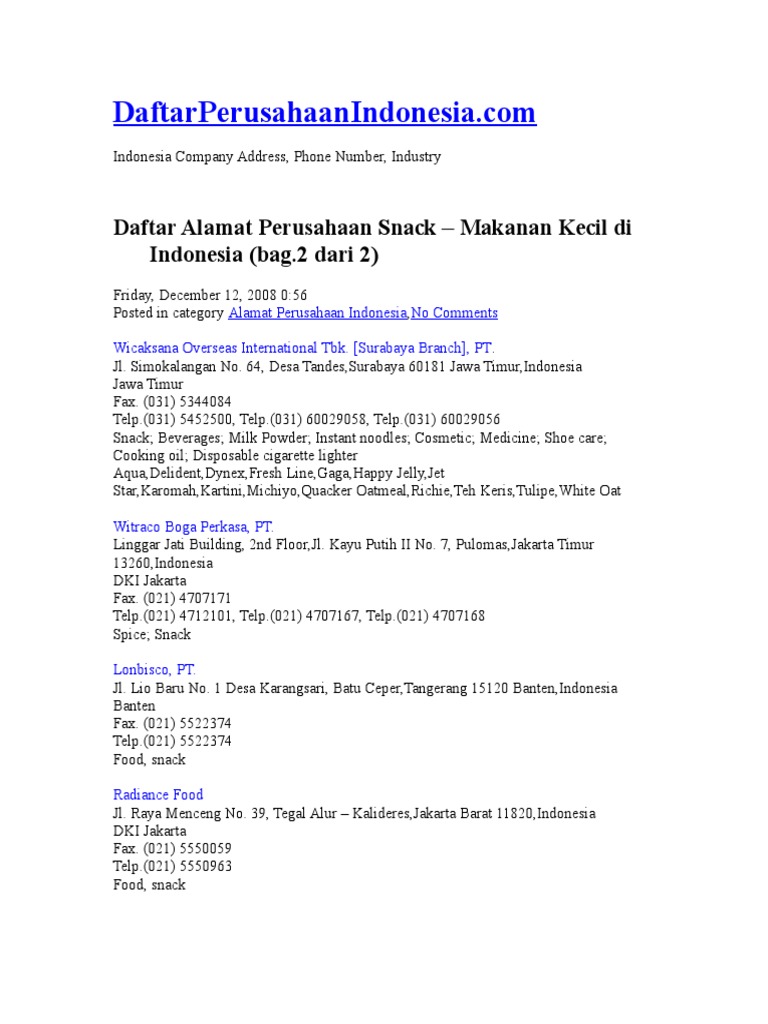 Daftar Perusahaan Makanan Indonesia | PDF | Memasak, Makanan, & Anggur