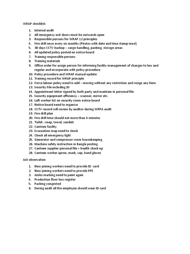 WRAP Audit Checklist Overview | PDF | Business