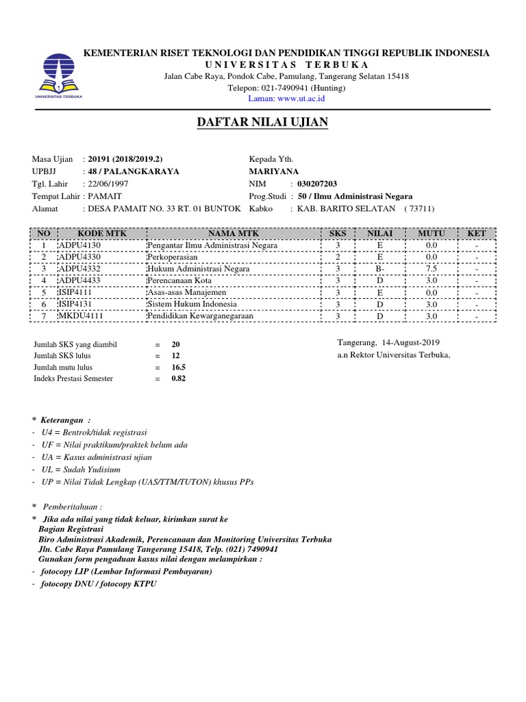 Contoh Nilai UT | PDF