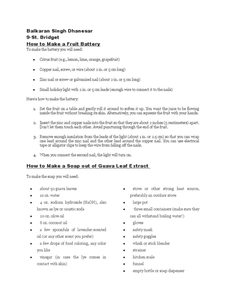 Balkaran Singh Dhanesar 9-St. Bridget How To Make A Fruit Battery | PDF ...