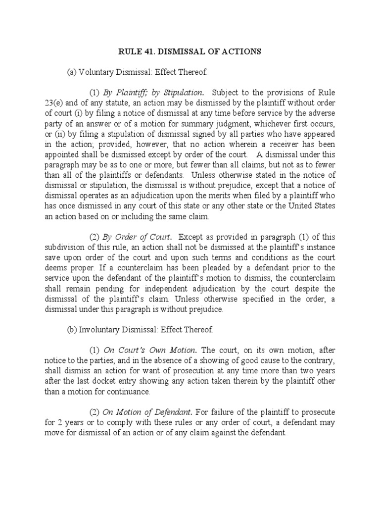 Rule 41. Dismissal of Actions | PDF | Prejudice (Legal Term) | Federal ...