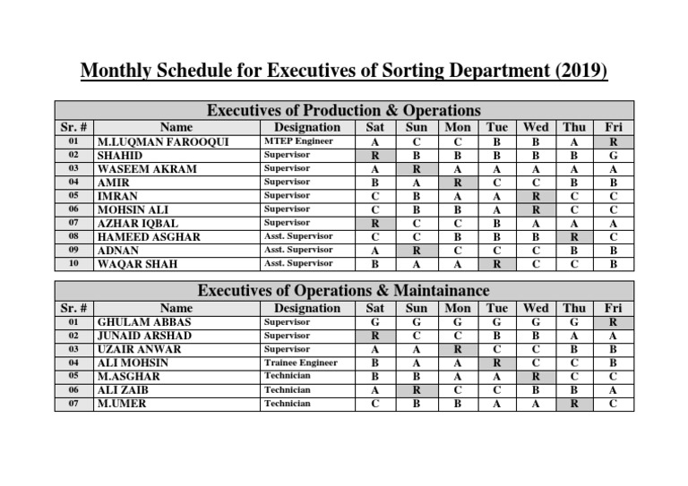 Monthly Schedule For Executives of Sorting Department (2019) | PDF