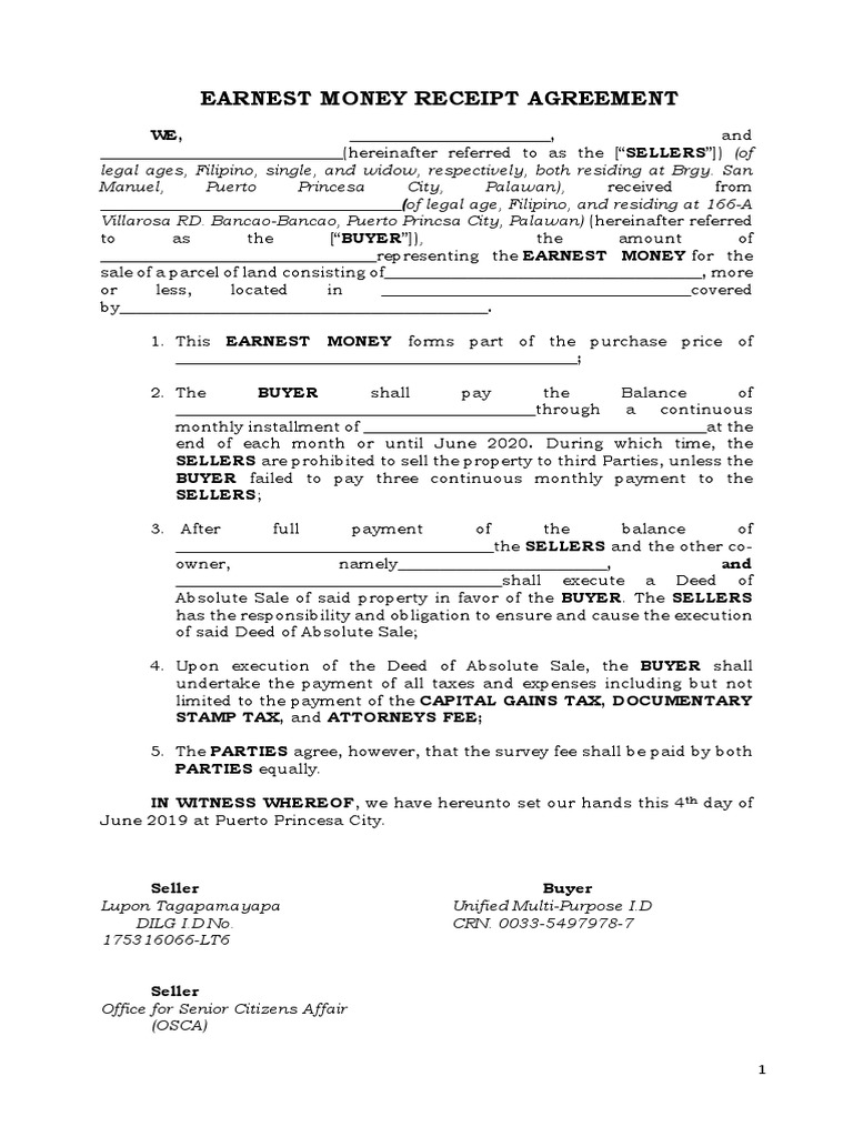Sample Earnest Money Receipt Agreement | PDF | Payments | Receipt