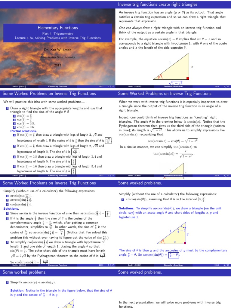 4.7 Solving Problems With Inverse Trig Functions (Slides 4-To-1) PDF ...