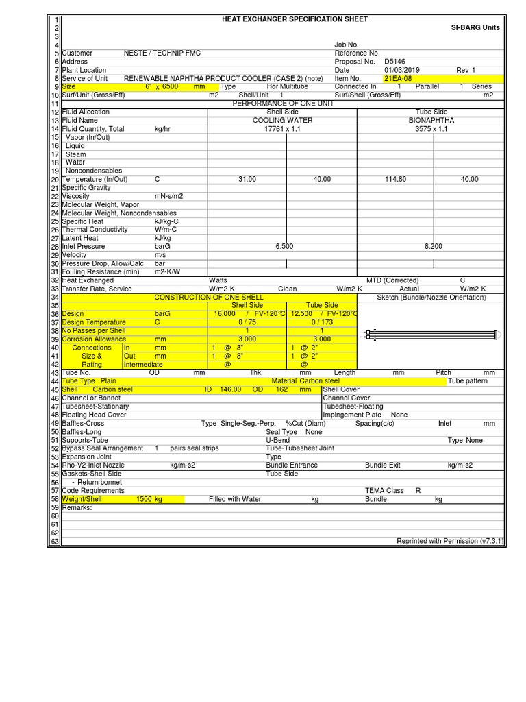 Heat Exchanger Specification Sheet SI-BARG Units | Download Free PDF ...