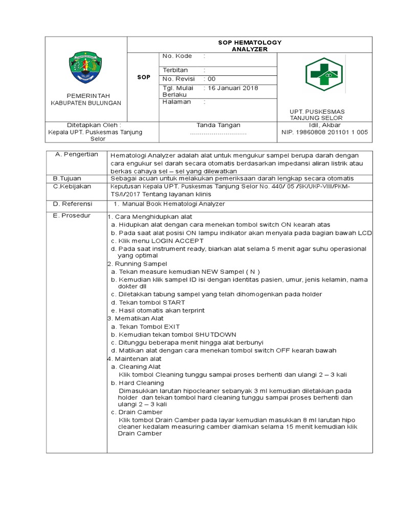 SOP Hematology Analyzer | PDF