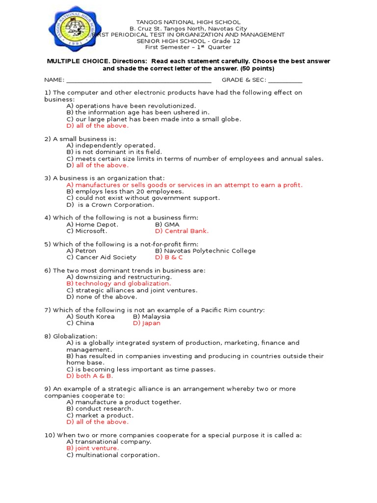 Organization and Management Quarterly Exam | PDF | Goal | Strategic ...