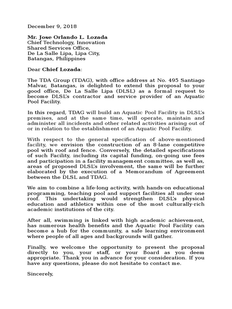 Proposal Letter-Aquatic Pool Facility | PDF | Business | Computers