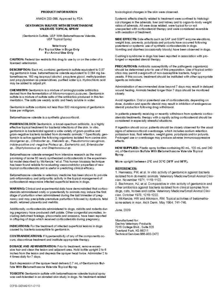 Gentacalm Topical Spray Pack Insert | PDF | Corticosteroid | Drugs