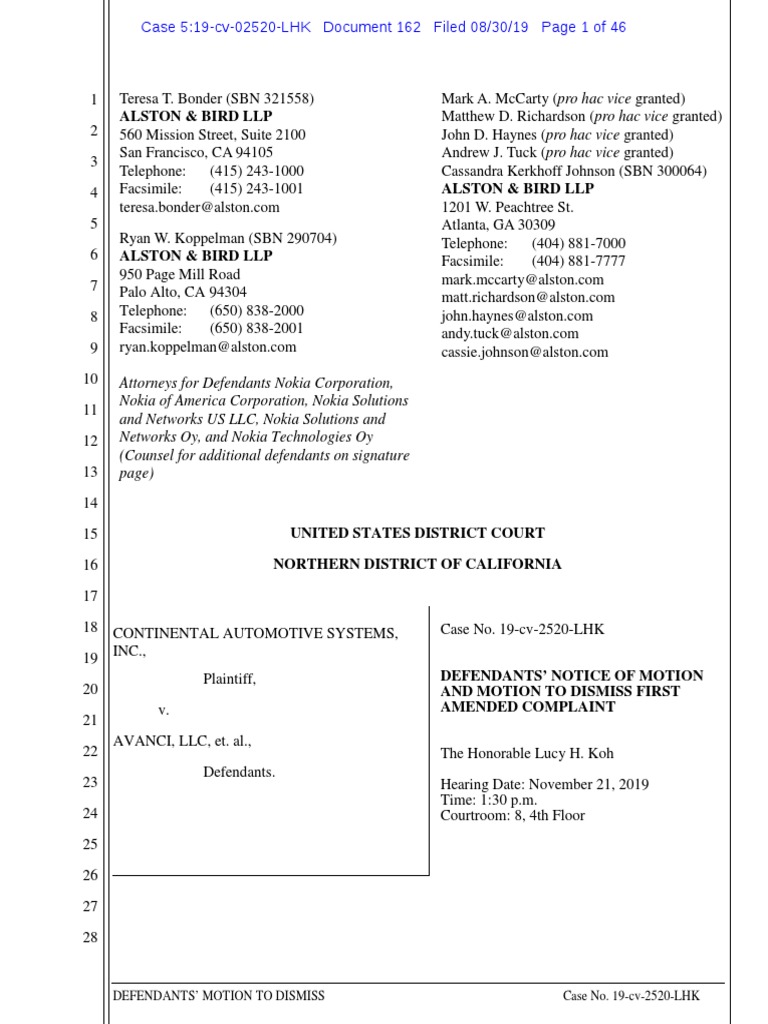 19-08-30 Avanci Et Al. Motion To Dismiss Continental Complaint | PDF | Standing (Law) | Federal ...