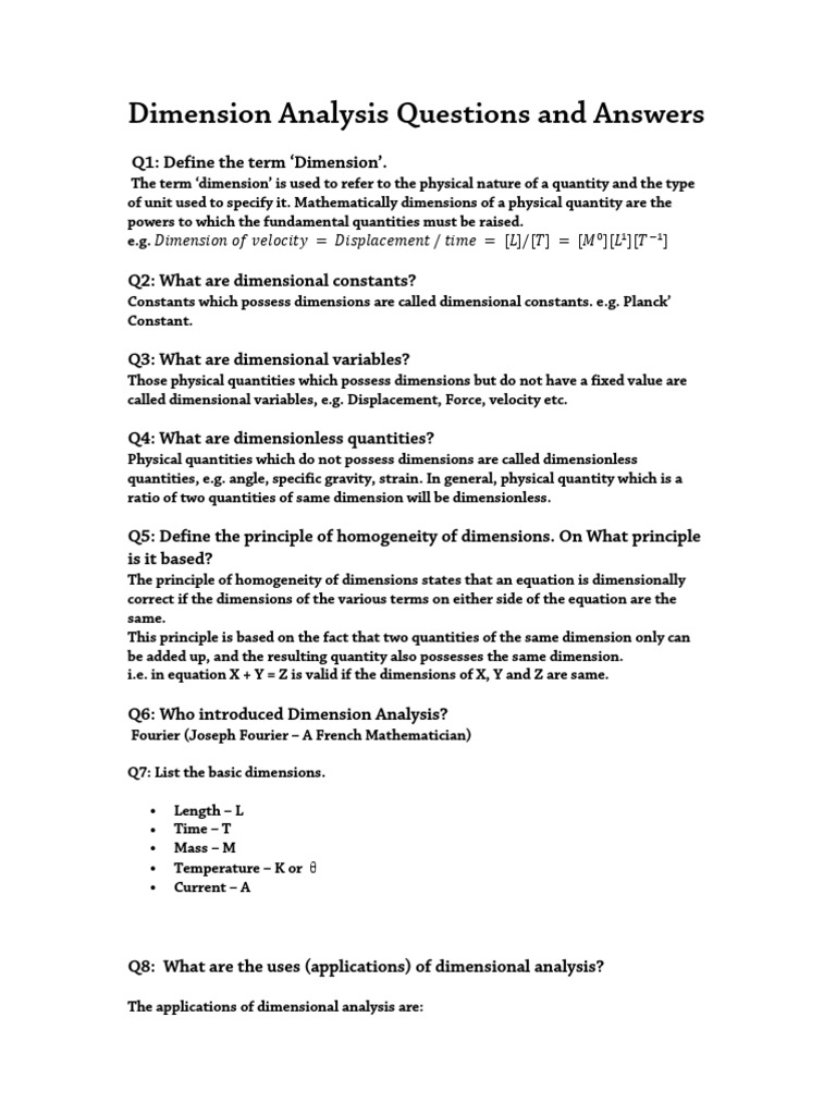 Dimension Analysis Questions and Answers | PDF | Torque | Force