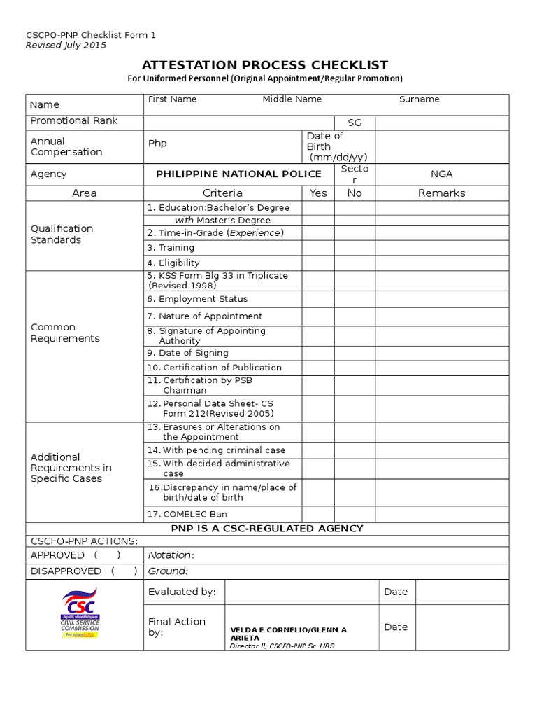CSCPO-PNP Checklist Form 1: Attestation Process Checklist for Uniformed ...