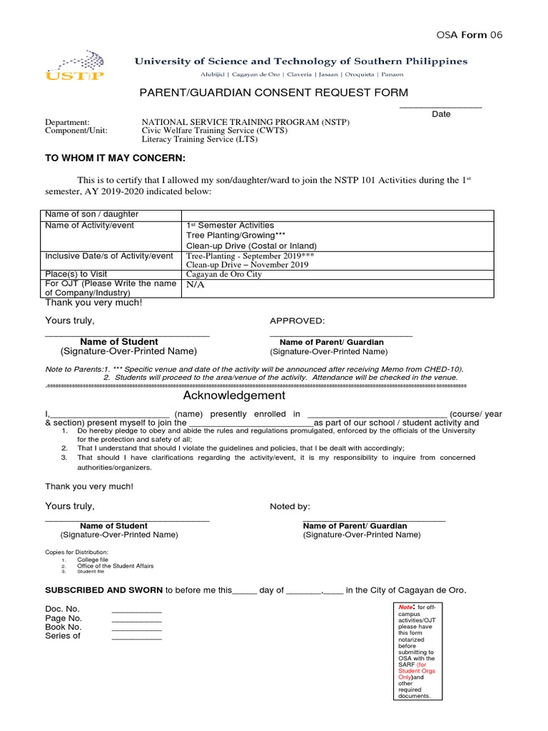 OSA Form 06: Parent/Guardian Consent Request Form | PDF | Justice ...