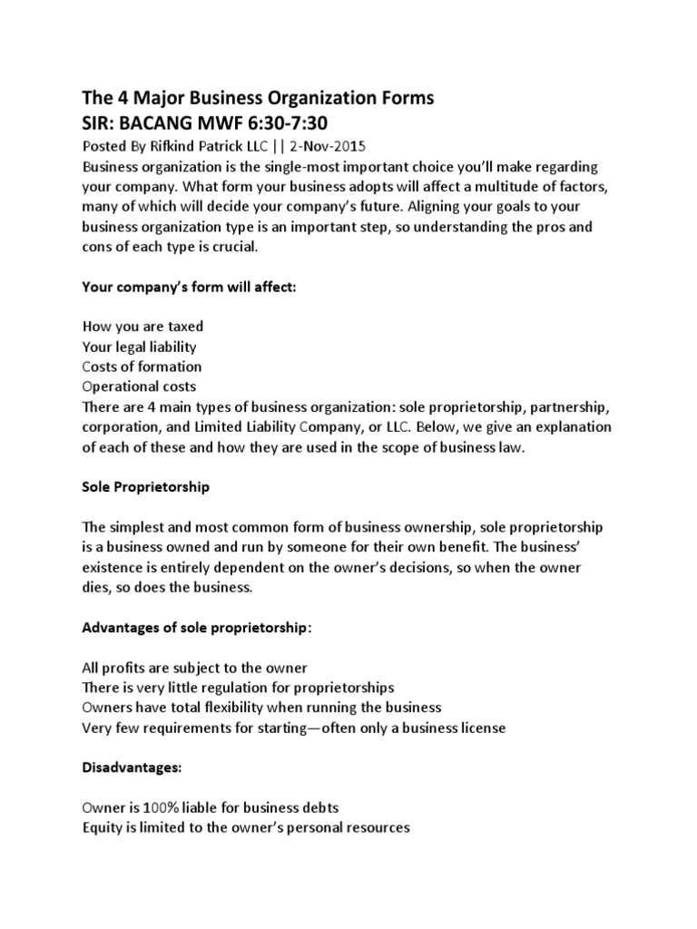 The 4 Major Business Organization Forms | PDF | Partnership | Limited ...