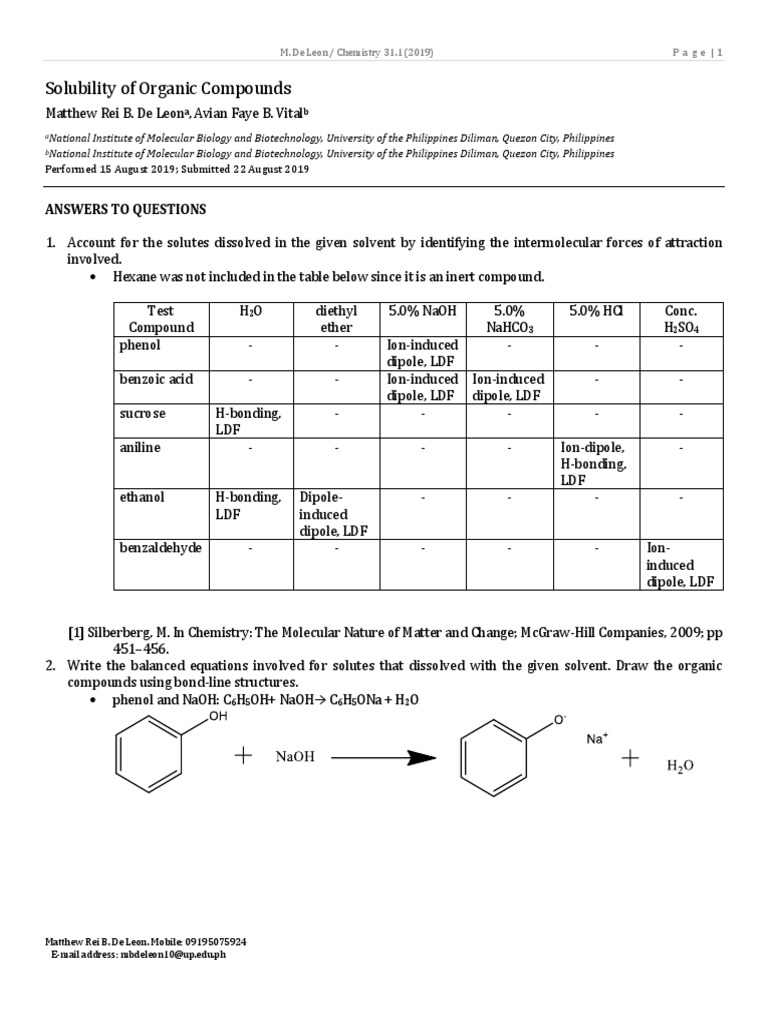 Solubility of Organic Compounds: Answers To Questions | PDF | Solution ...