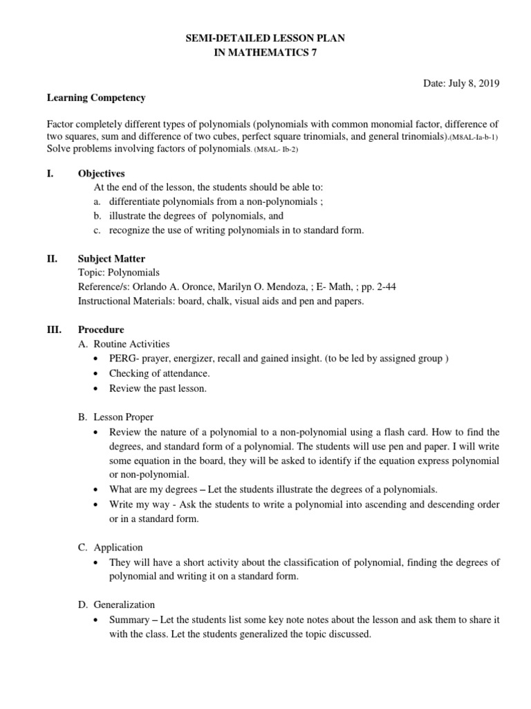 Lesson Plan Math 7 Polynomials | Download Free PDF | Polynomial ...