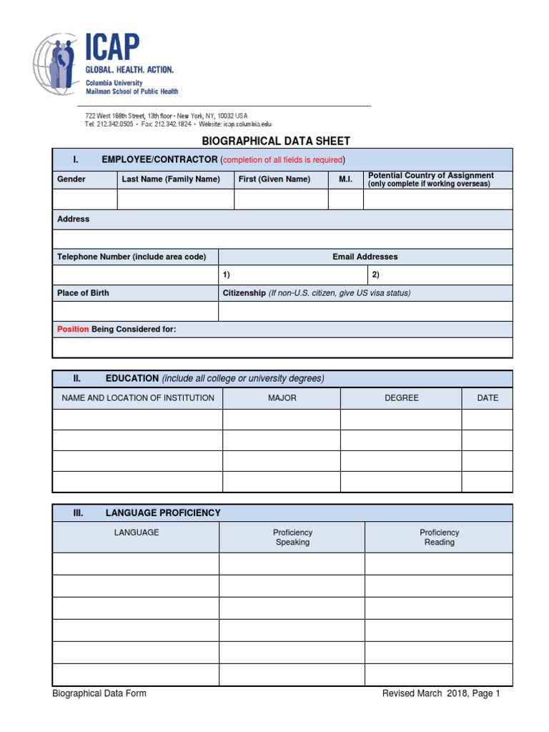 Biographical Data Sheet: I. Employee/Contractor | PDF | Reading ...
