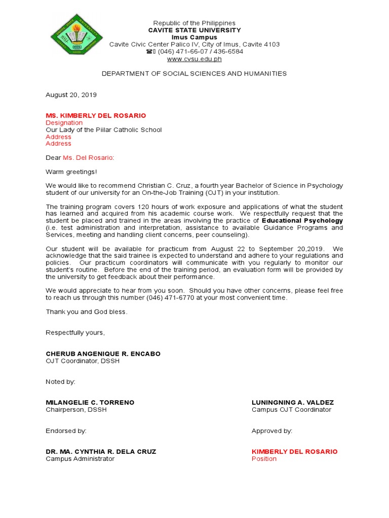 Request for On-the-Job Training Placement of Psychology Student Christian C. Cruz at Our Lady of ...