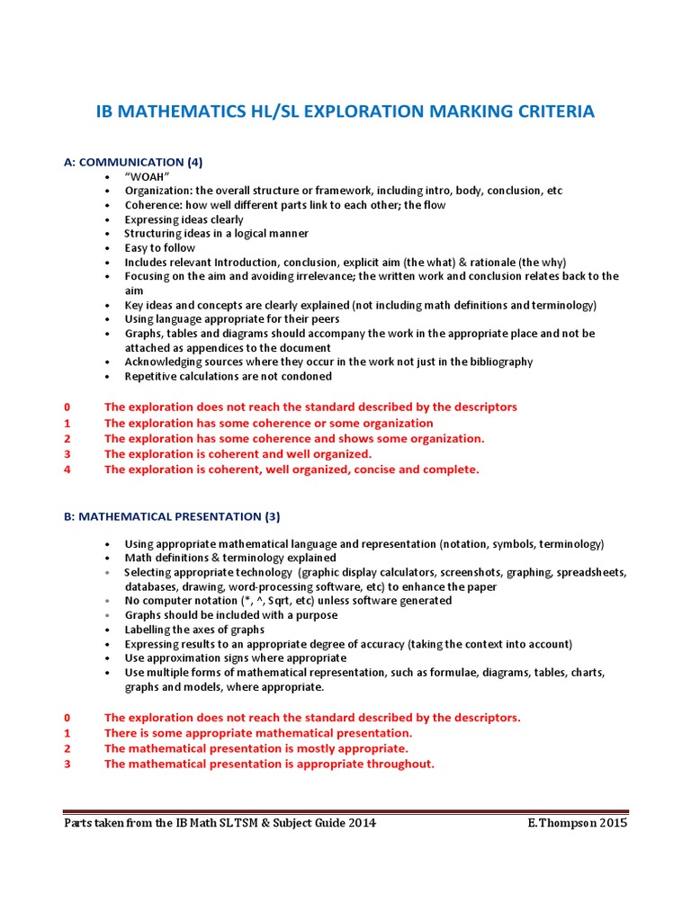 Ib Mathematics HL/SL Exploration Marking Criteria: A: Communication ...