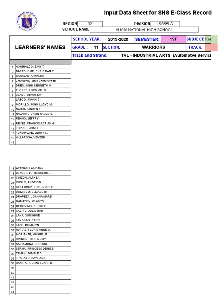 Learners' Names: Input Data Sheet For SHS E-Class Record | PDF | Inquiry | Learning