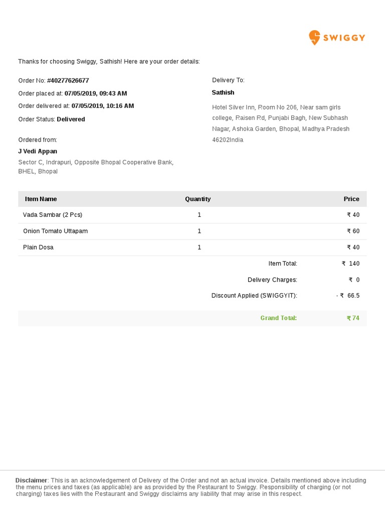 Swiggy Order 40277626677 | PDF
