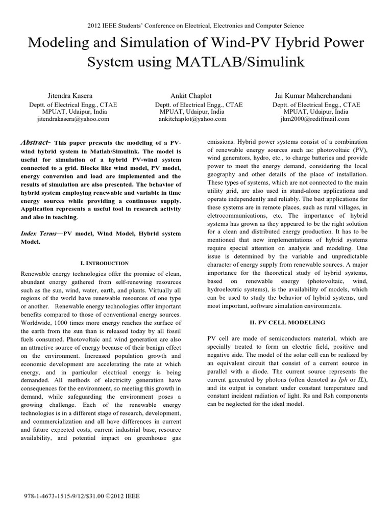 Modeling and Simulation of Wind-PV Hybrid Power System Using MATLAB/Simulink | Download Free PDF ...