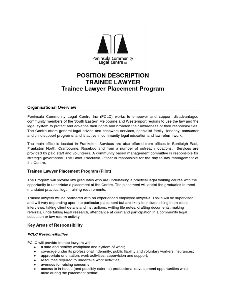 Position Description Trainee Lawyer Trainee Lawyer Placement Program ...