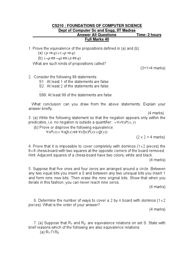 Cs210: Foundations of Computer Science Dept of Computer SC and Engg, IIT Madras Answer All ...