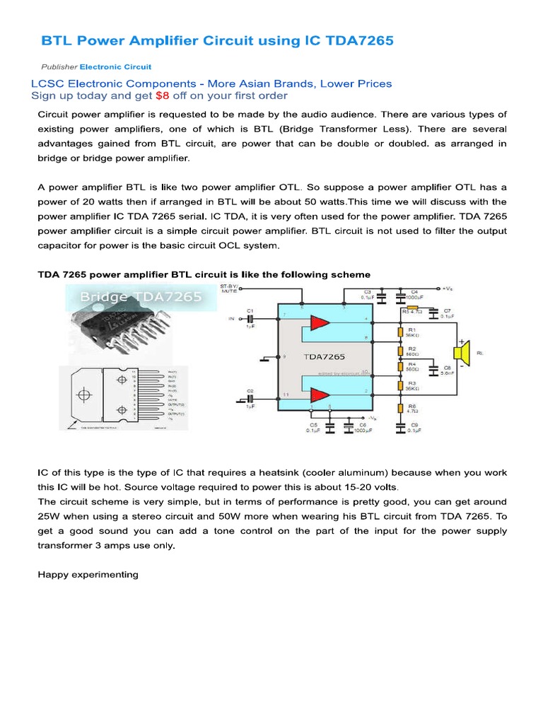 BTL Power Amplifier Circuit Using IC TDA7265 - Electronic Circuit | PDF