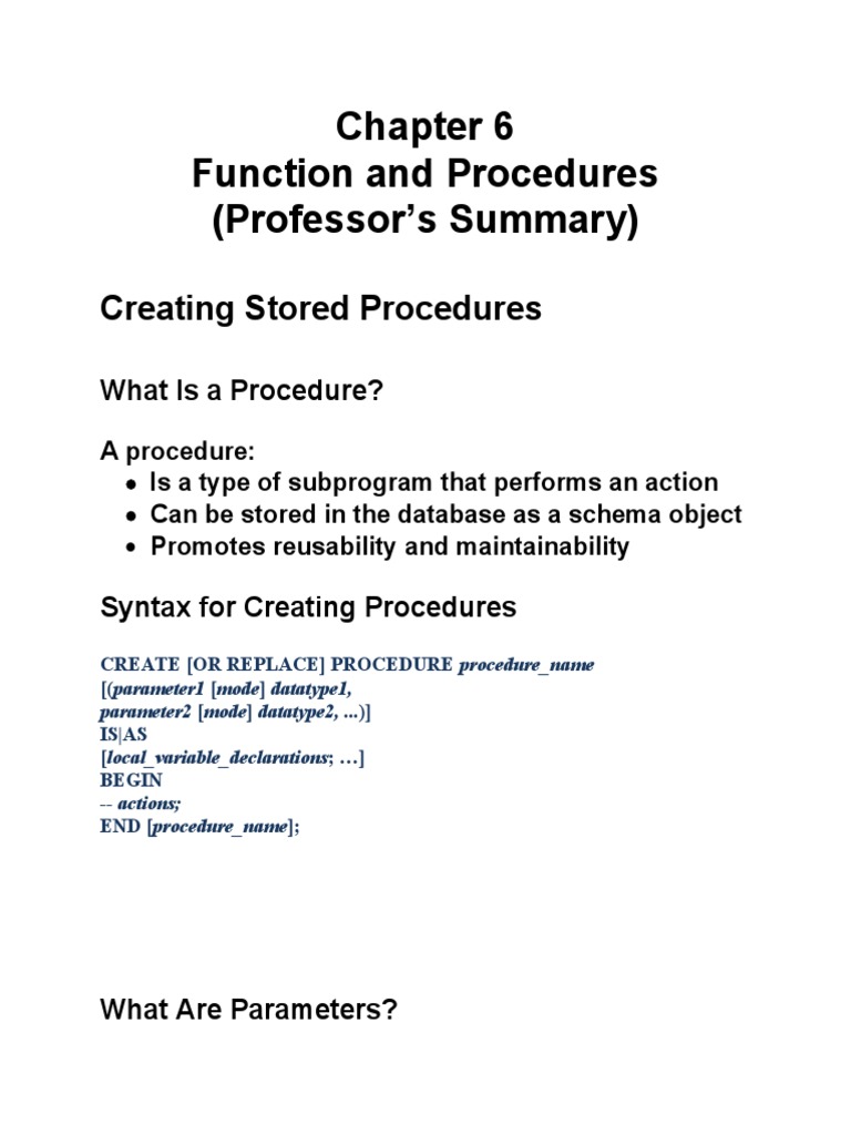 Function and Procedures (Professor's Summary) | PDF | Subroutine | Pl/Sql