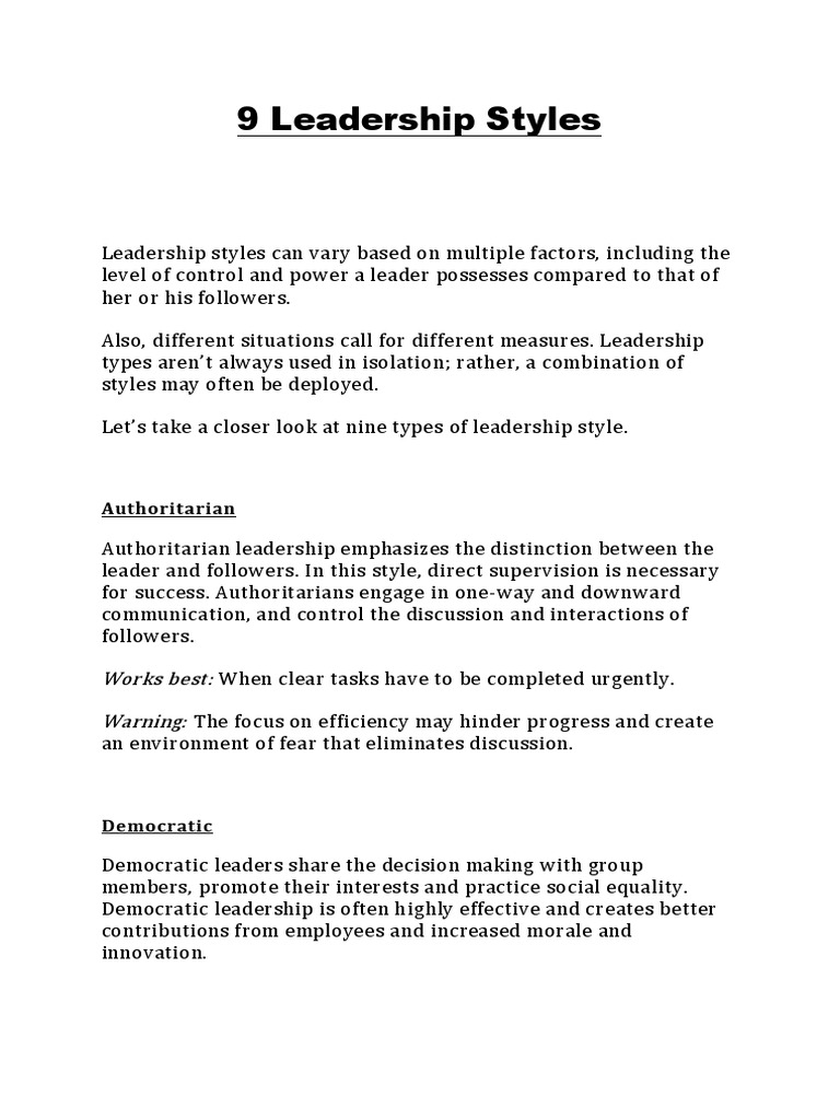 9 Leadership Styles: An In-Depth Look at Authoritarian, Democratic ...