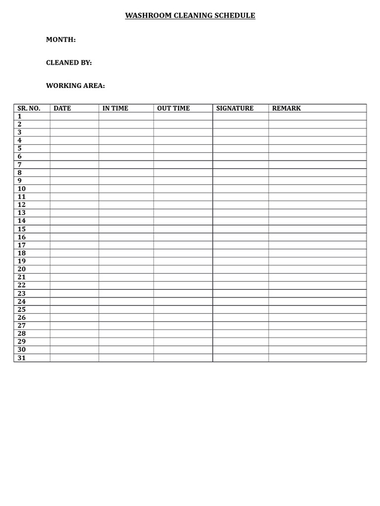 Month: Cleaned By: Working Area:: Washroom Cleaning Schedule | PDF