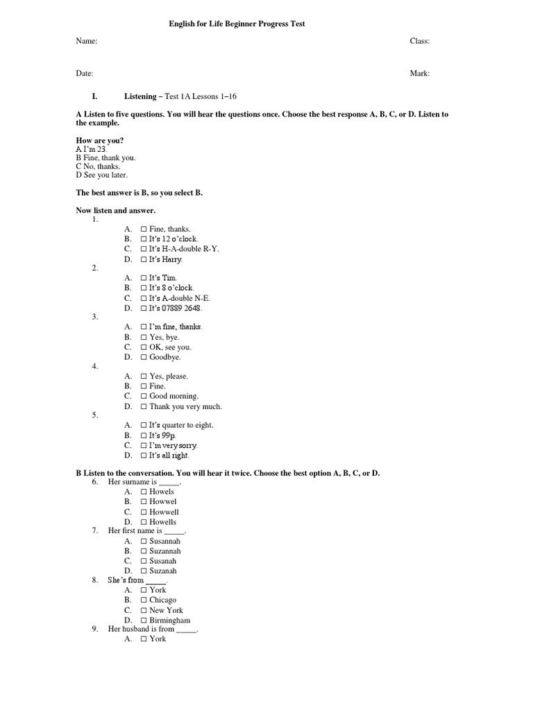 English For Life Beginner Progress Test 1 - 16a | PDF | Syntax ...