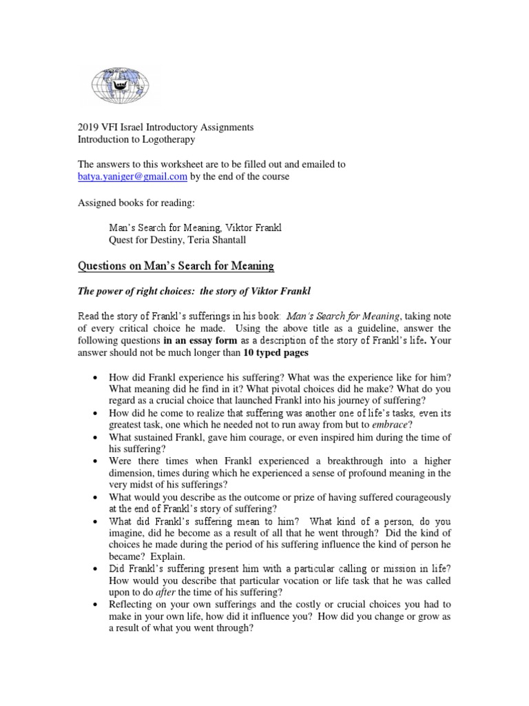 2019 Introduction To Logotherapy Assignments | PDF | Philosophical Theories | Psychology