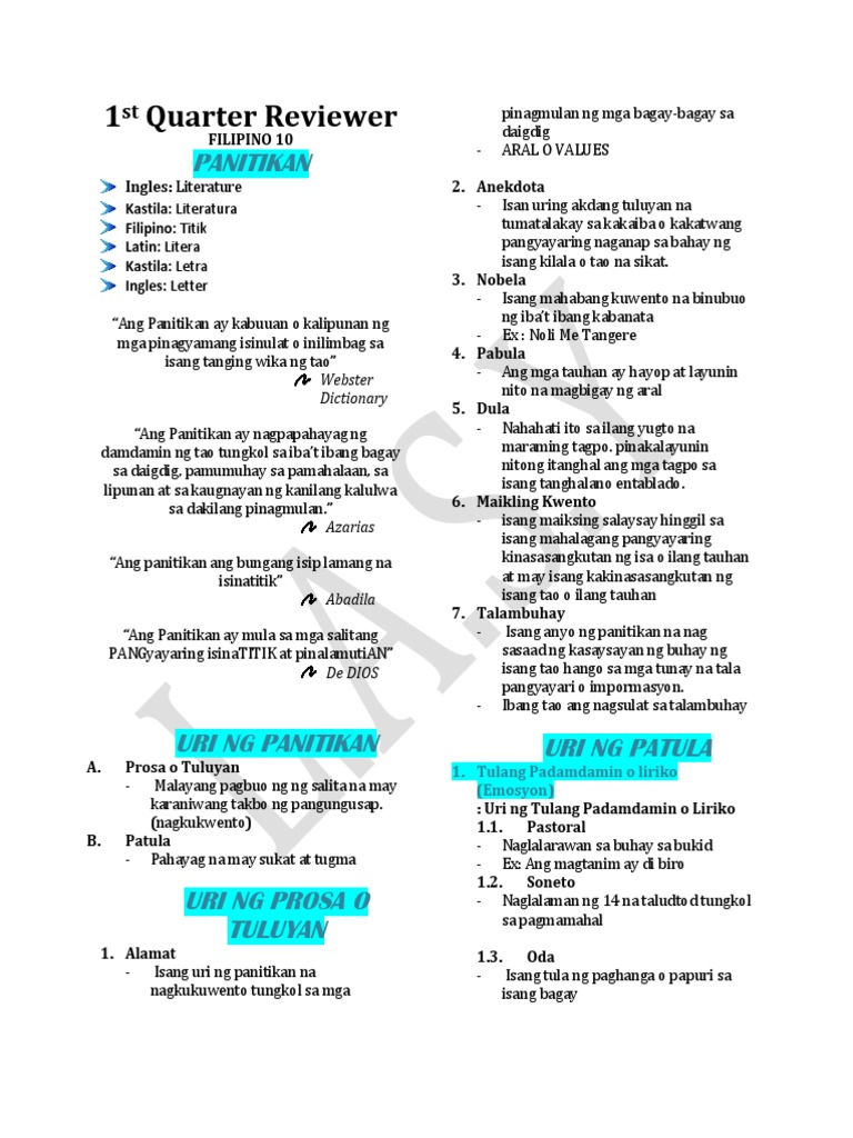 1st Quarter Filipino 10 Reviewer PDF | PDF
