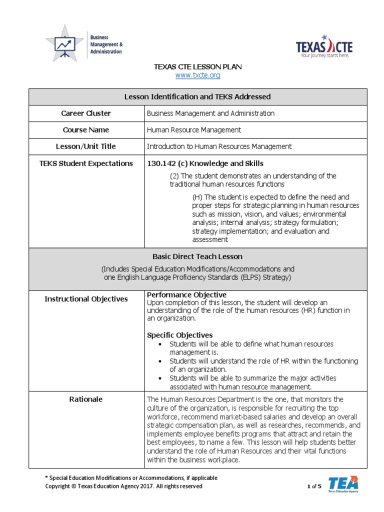 Lesson Plan Intro To Human Resource Management | Human Resource ...