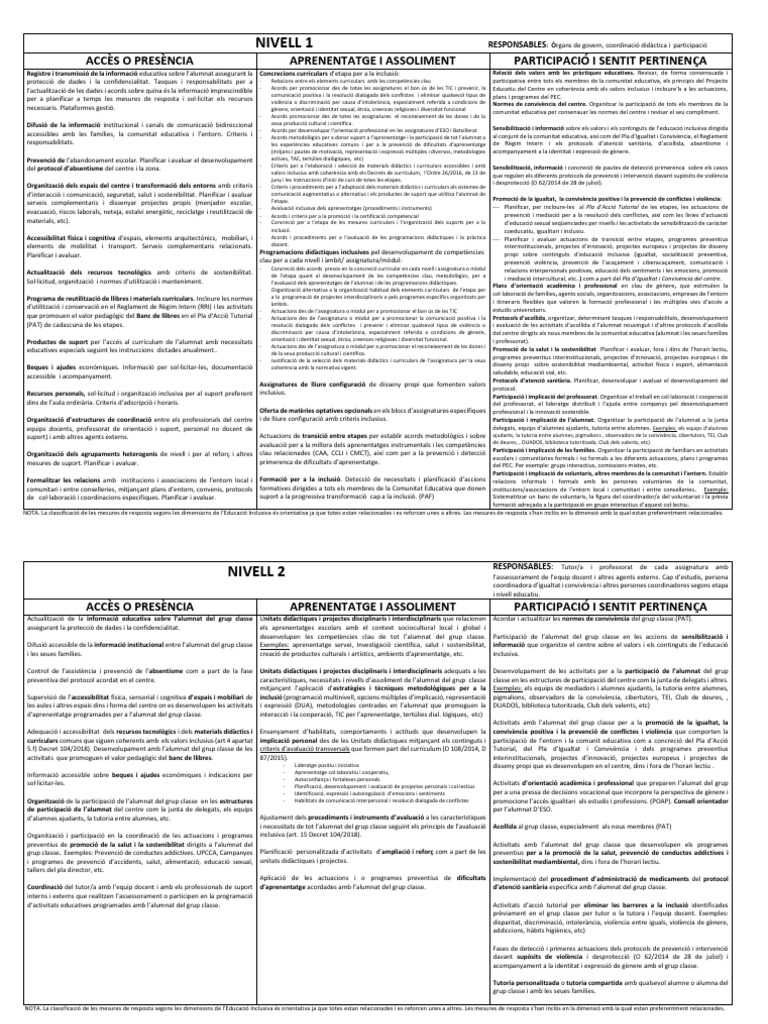 Quadre Resum de Les Mesures Per A La Inclusió - Nivells | PDF
